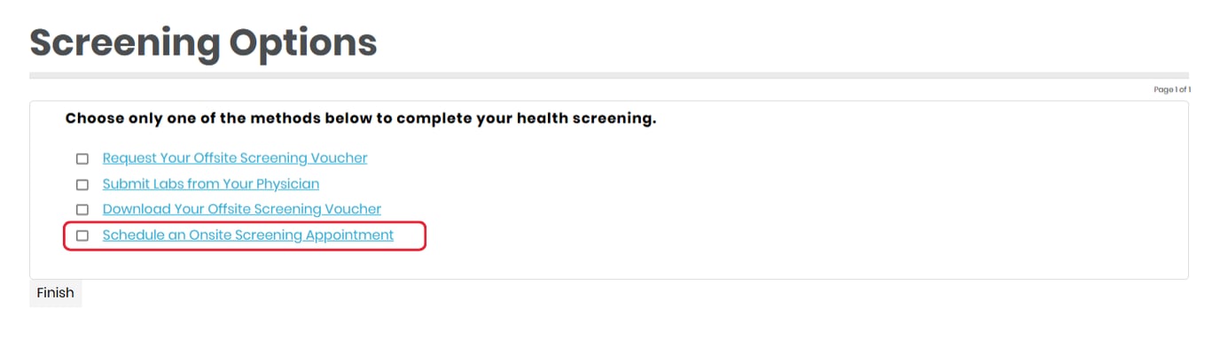 How do I schedule an onsite health screening appointment in Health Park?